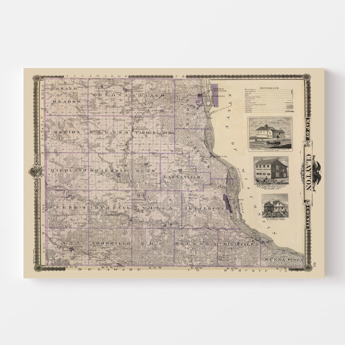 Clayton County IA Map 1875 Old Map of Elkader Iowa Art - Etsy