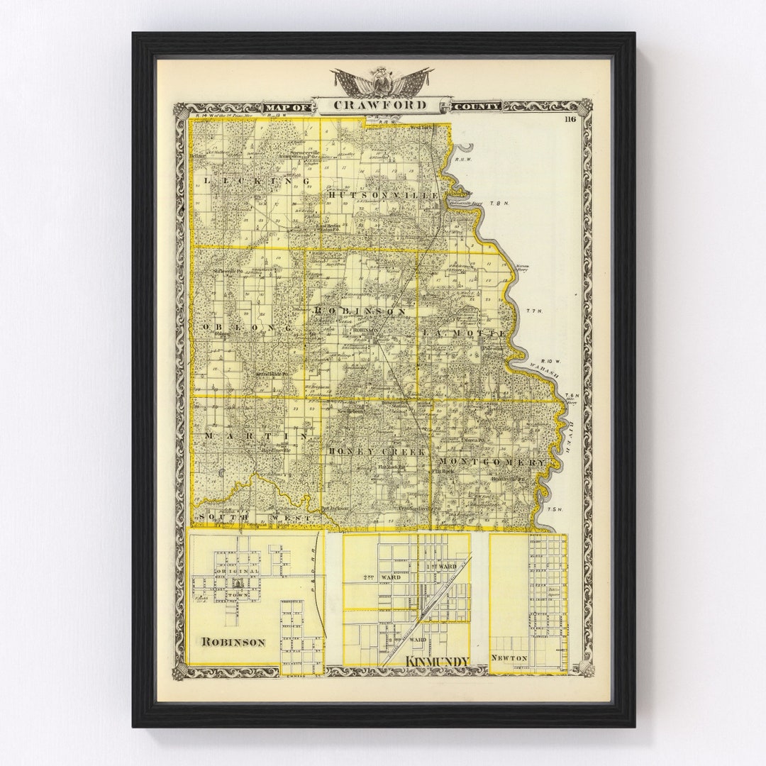 Crawford County IL Map 1876 Old Map of Robinson Illinois Art Vintage ...