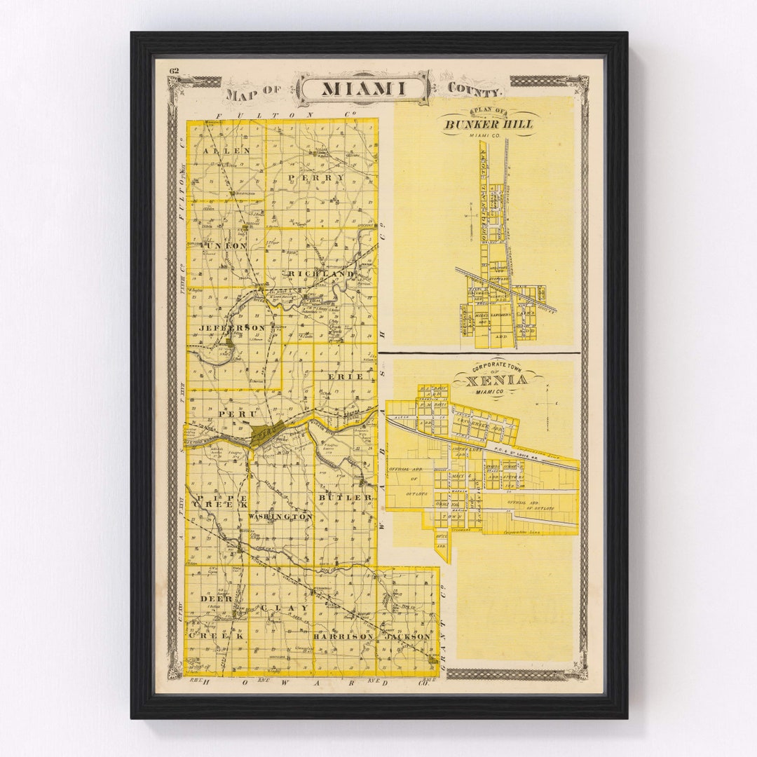 Miami County Map 1876, Vintage Miami County Map, Old Miami County ...