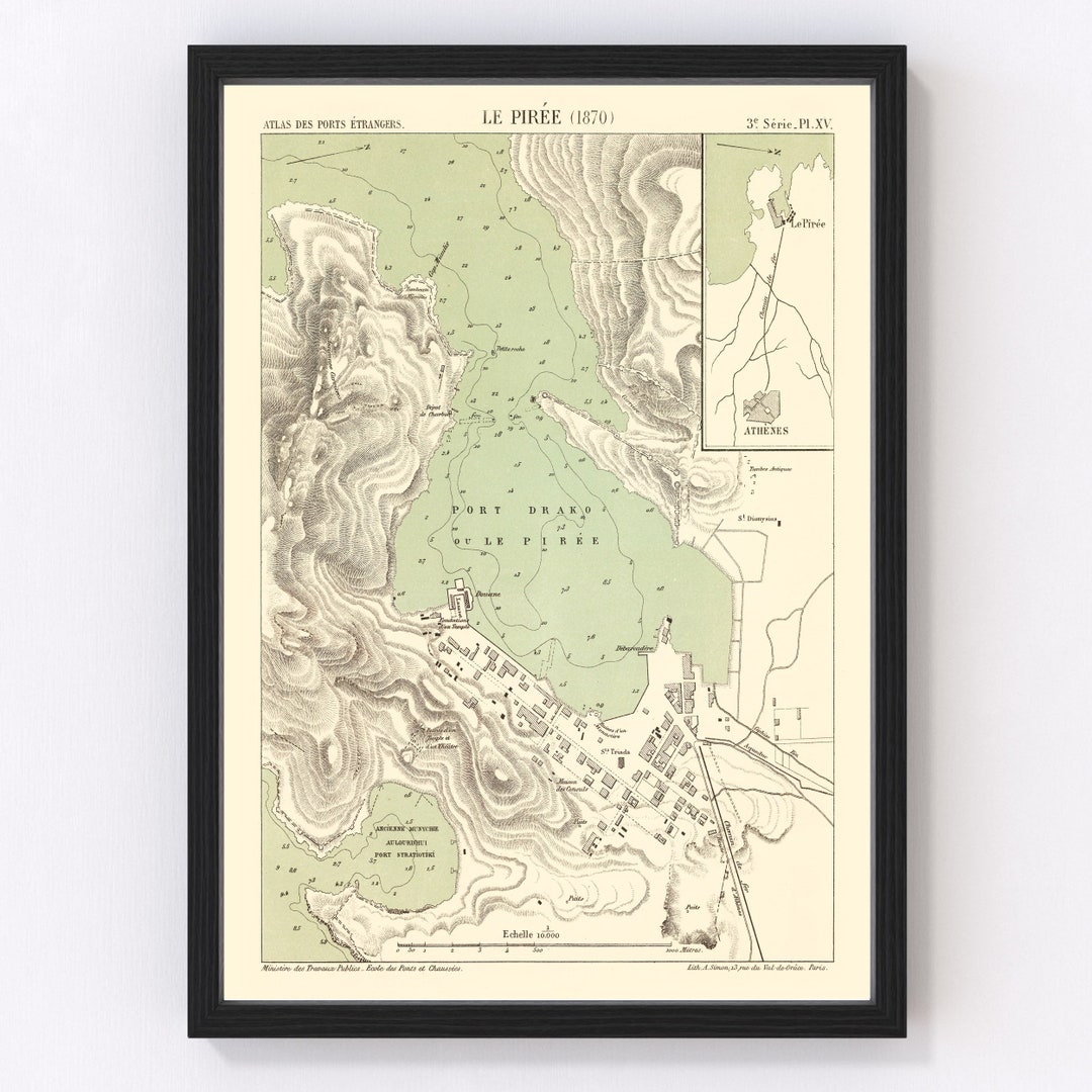 Piraeus Map 1870 Old Map of Piraeus Greece Art Vintage Print Framed ...