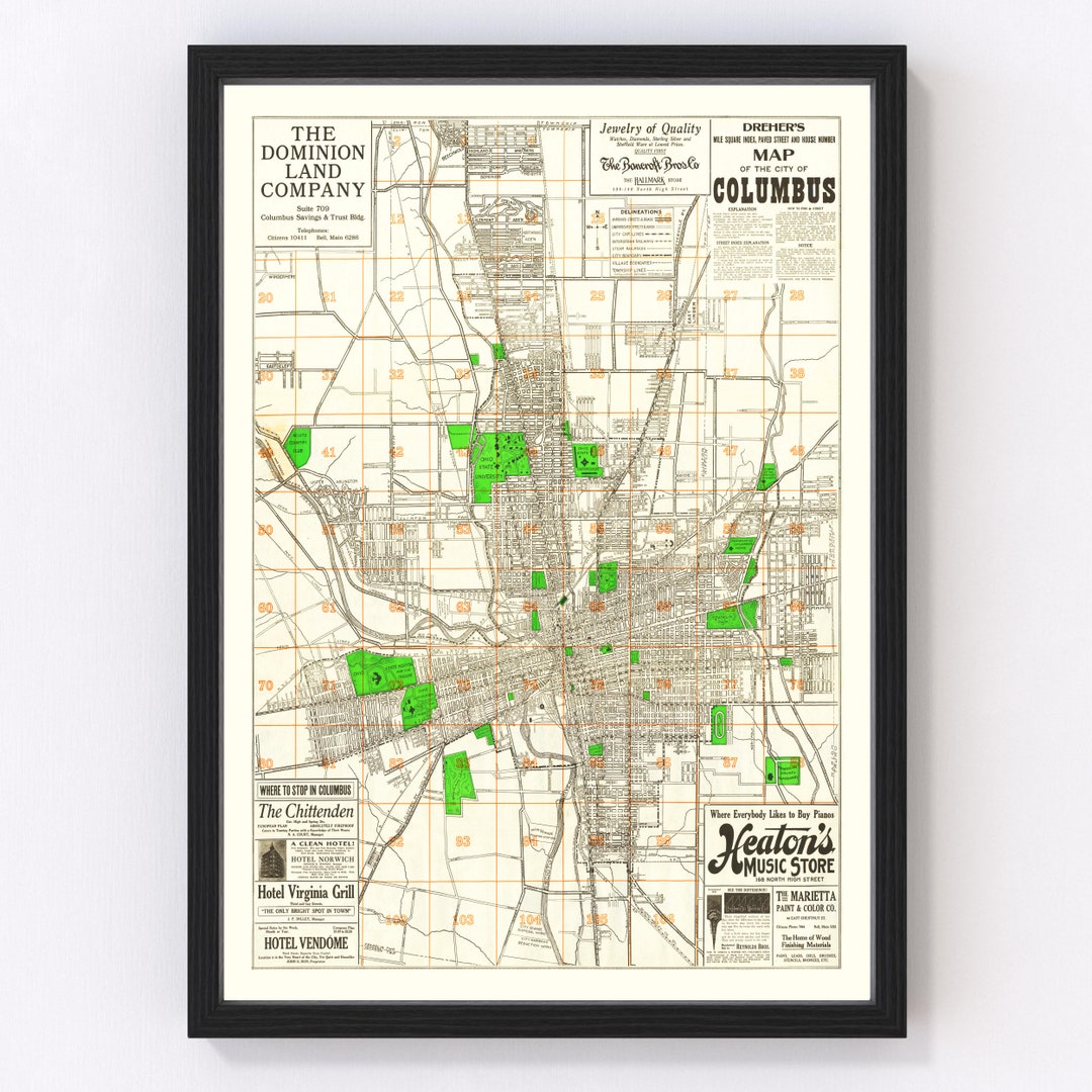 Columbus Map 1916 - Old Map of Columbus Ohio Art Vintage Print Framed ...