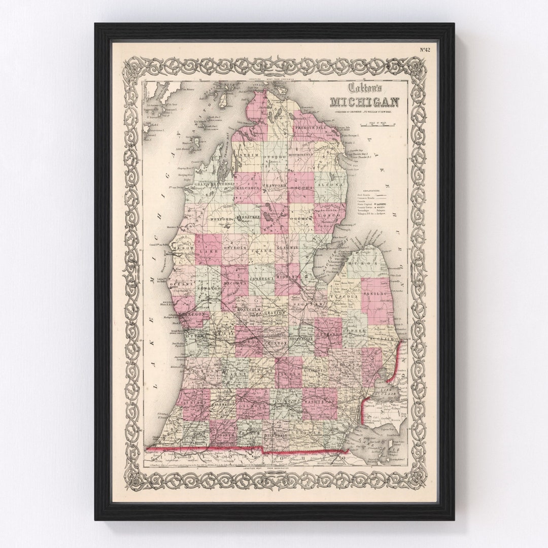 Michigan Map 1861, Vintage Michigan Map, Old Michigan Art, Wall Art ...