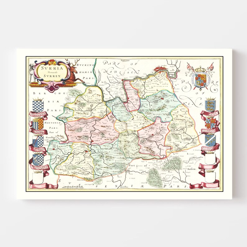 Surrey Map 1665 Old Map of Surrey England Art Vintage Print - Etsy