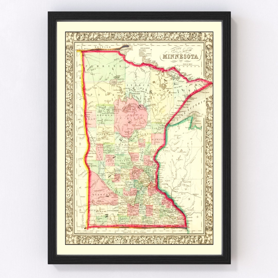 Minnesota Map 1862, Vintage Minnesota Map, Old Minnesota Art, Wall Art ...