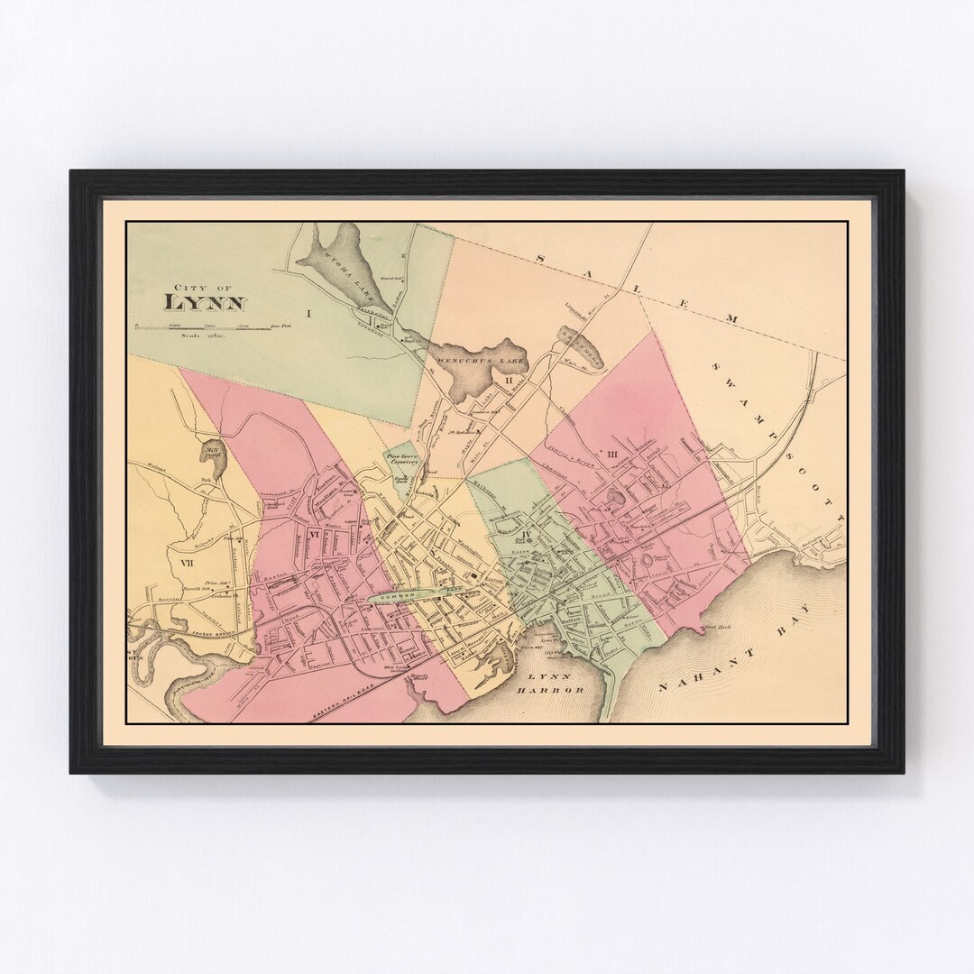 Lynn Map 1871, Vintage Lynn Map, Old Lynn Massachusetts Art, Wall Art ...