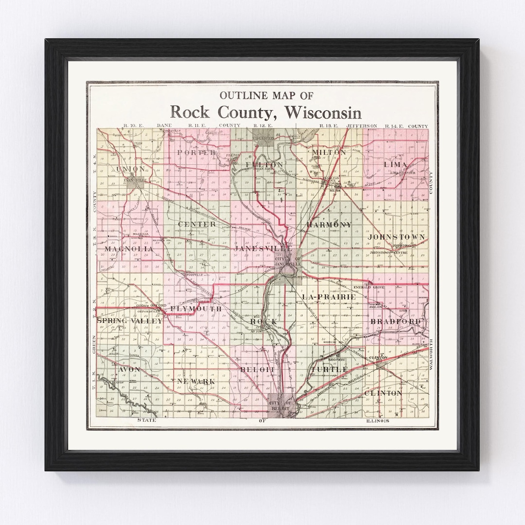 Rock County Map 1917, Vintage Rock County Map, Old Rock County ...