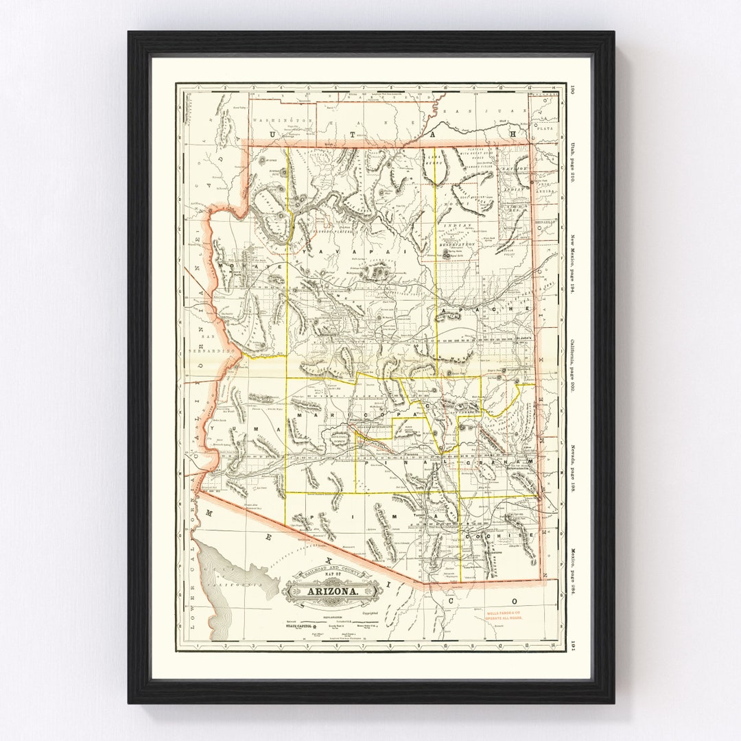 Arizona Railroad Map 1886 - Old Railroad Map of Arizona Art Vintage ...
