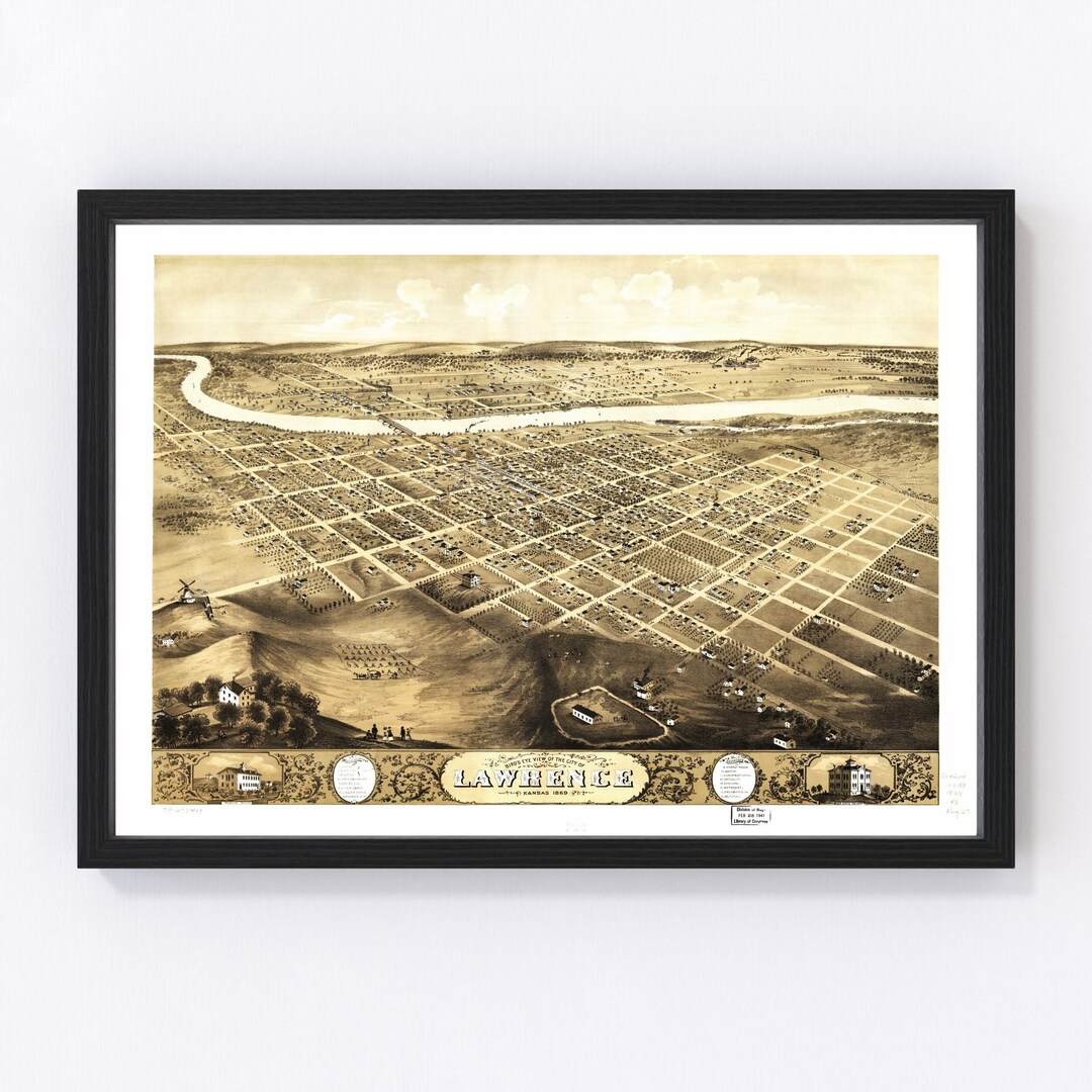 Lawrence Map 1869 - Old Map of Lawrence Kansas Art Vintage Print Framed ...