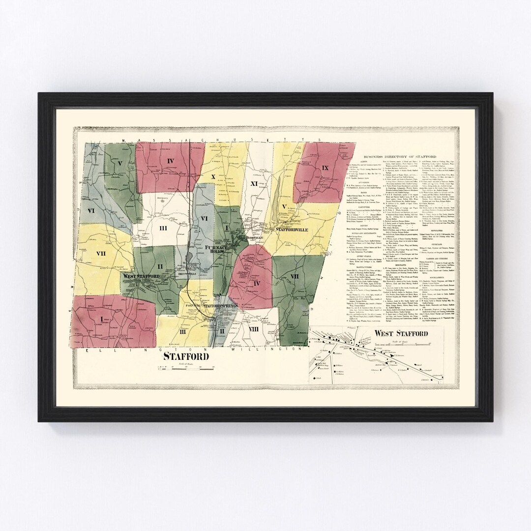Stafford Map 1869, Vintage Stafford Map, Old Stafford Connecticut Art ...
