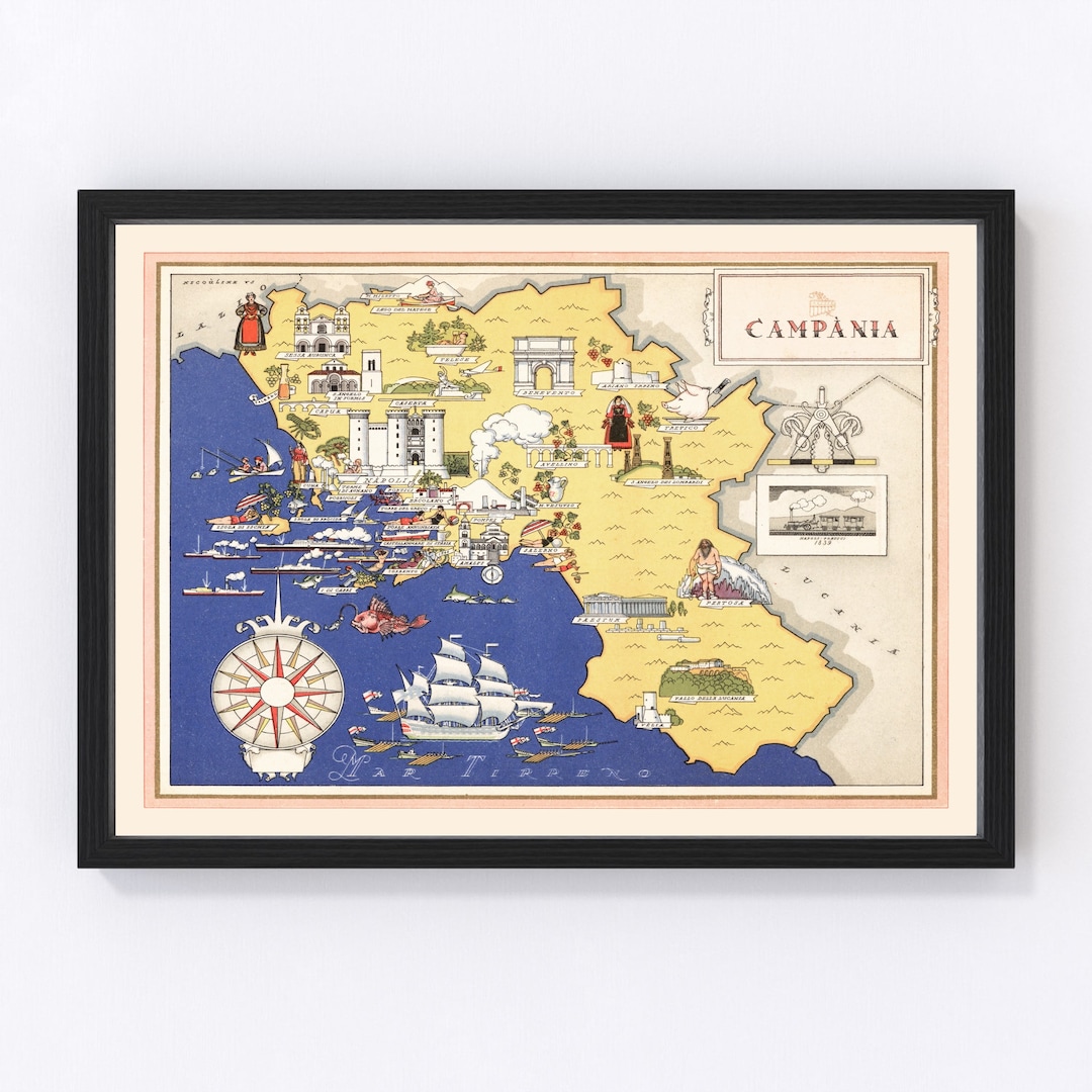 Campania Italy Map 1938 - Old Map of Campania Italy Italy Art Vintage ...
