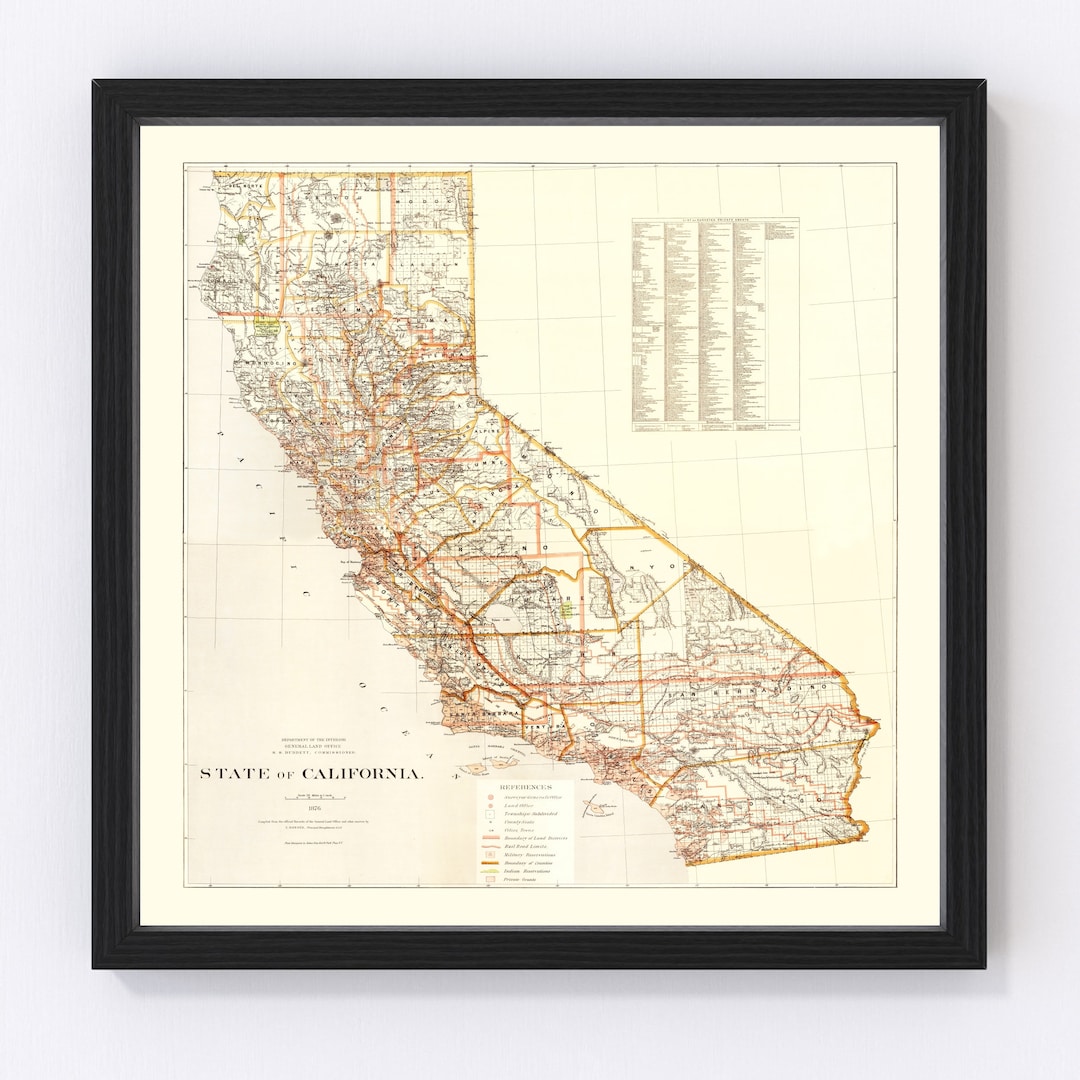 California Map 1876 Old Map of California Art Vintage Print Framed Wall ...