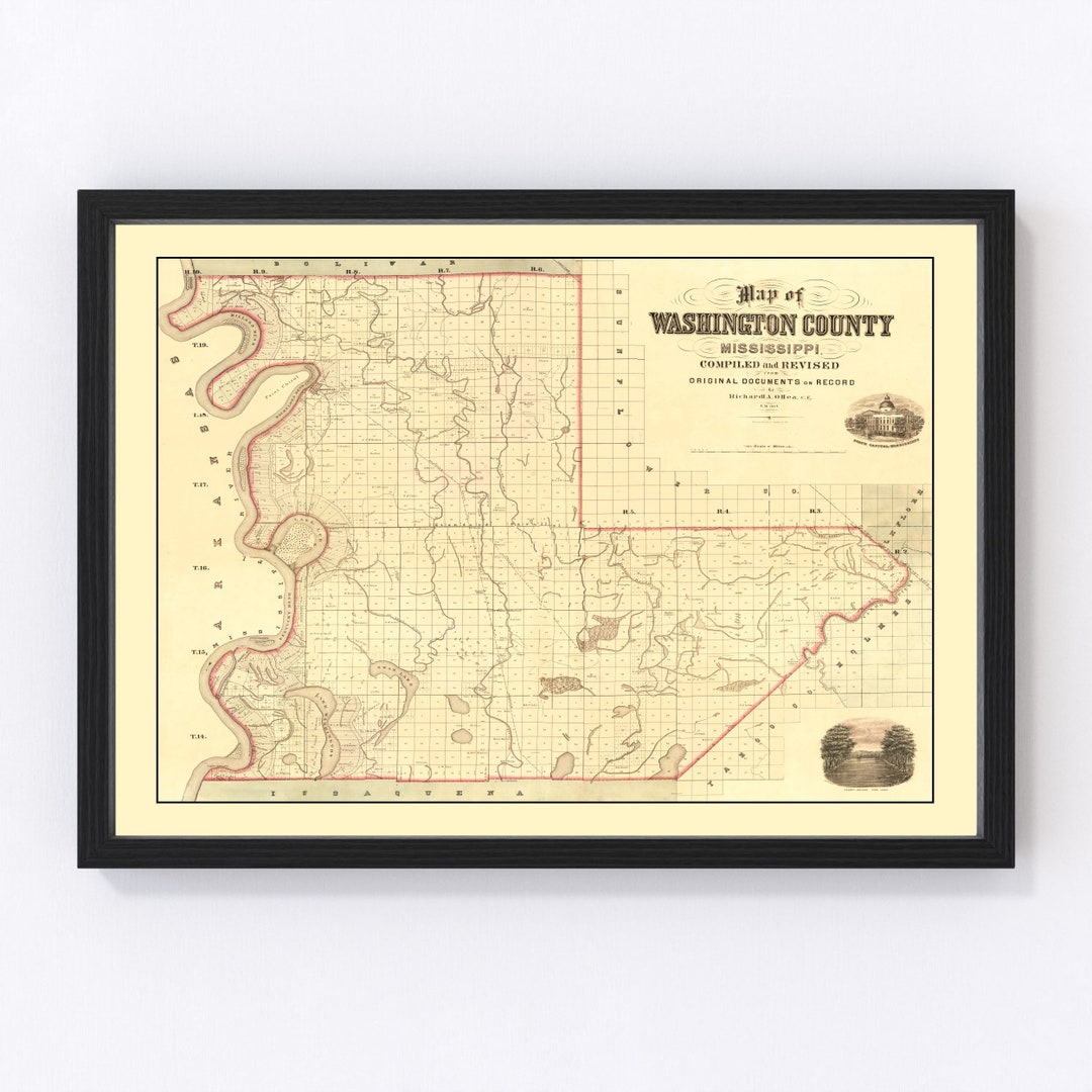 Washington County MS Map 1871 Old Map of Greenvile Mississippi Art ...