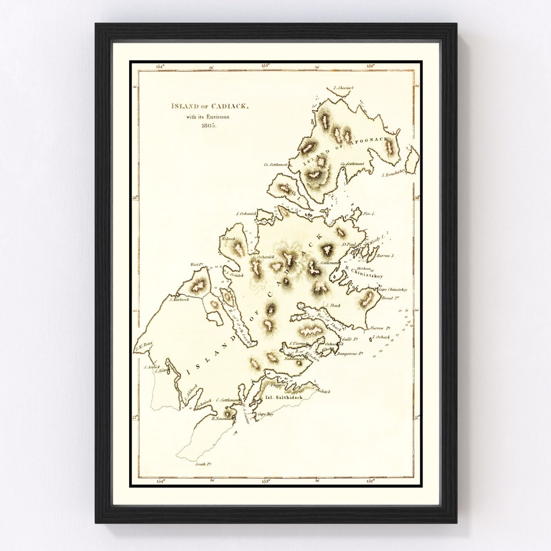 Kodiak Island Map 1814 - Old Map of Kodiak Island Alaska Art Vintage ...