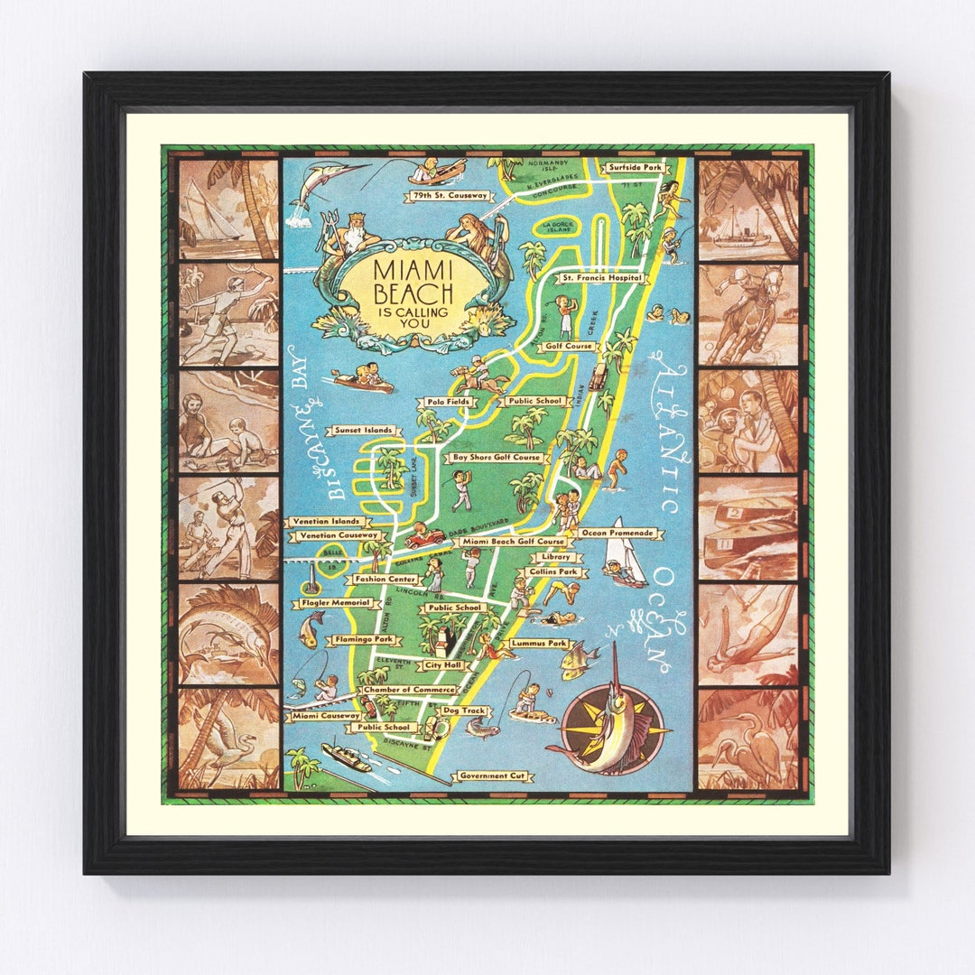 Miami Beach Map 1936, Vintage Miami Beach Map, Old Miami Beach Art ...