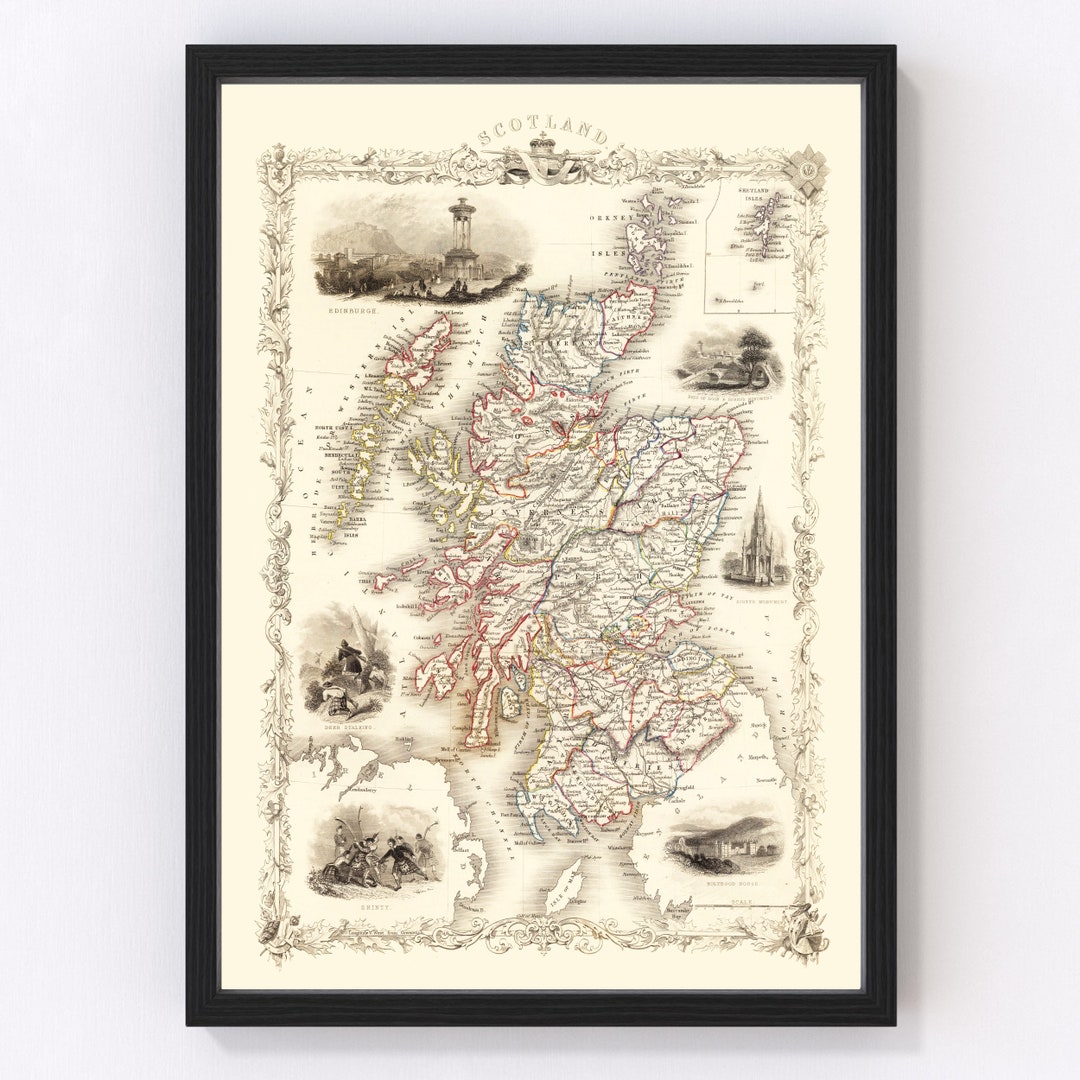 Scotland Map Art Vintage Print From 1851 Old Scotland Art Framed or ...
