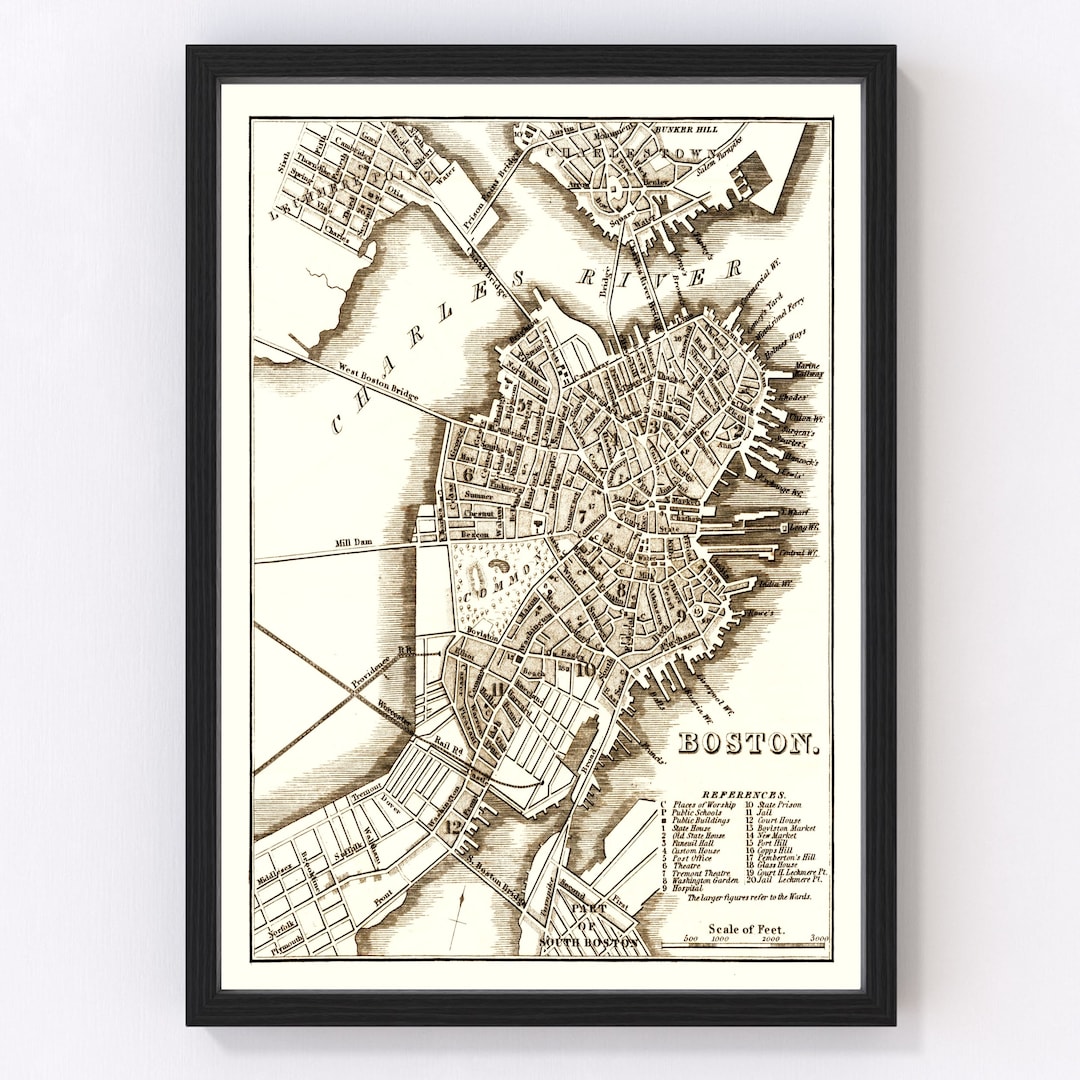 Boston Map 1844, Vintage Boston Map, Old Boston Massachusetts Art, Wall ...