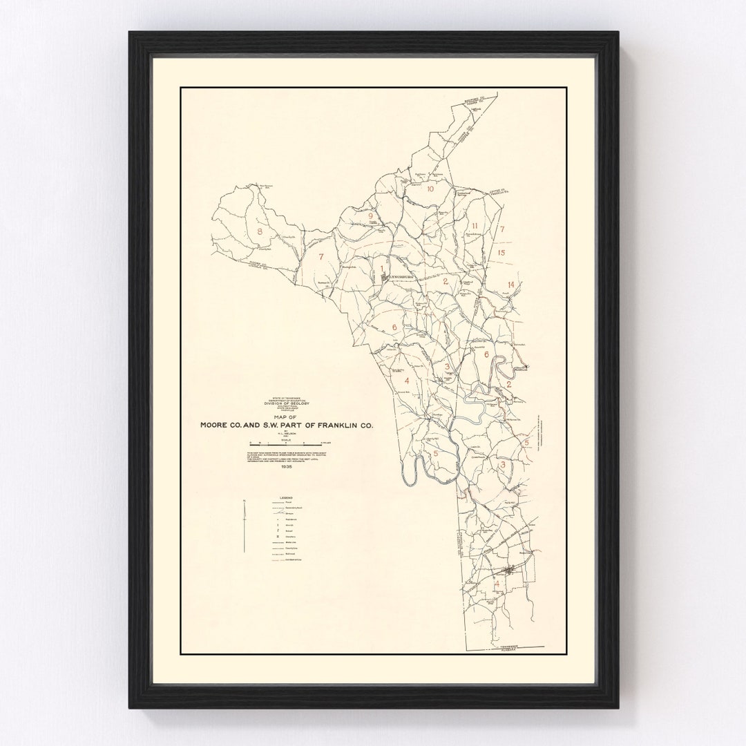 Moore County TN Map 1935 Old Map of Tennessee Art Vintage Print Framed ...