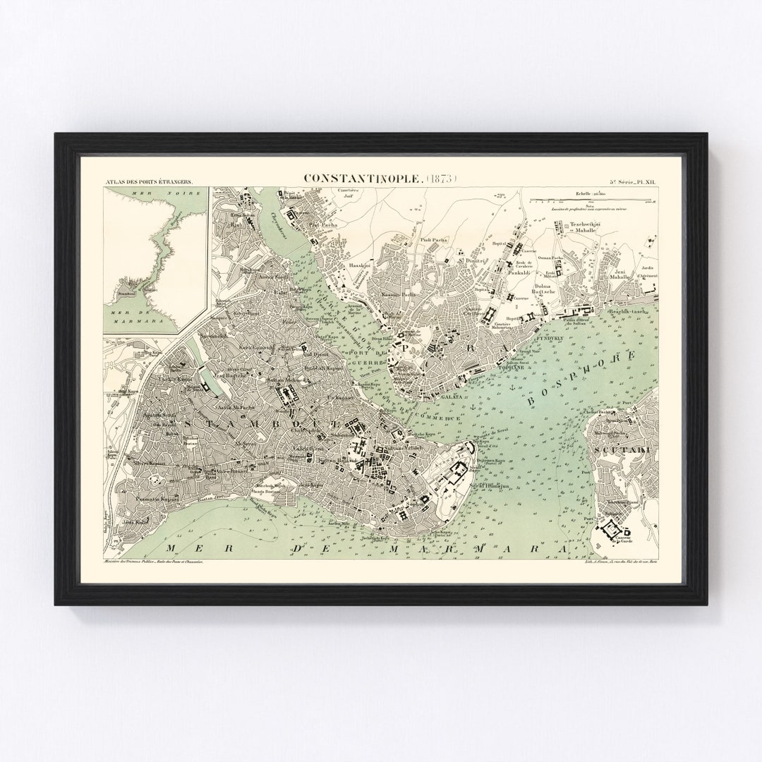 Istanbul Map 1873 Old Map of Istanbul Turkey Art Vintage Print Framed ...