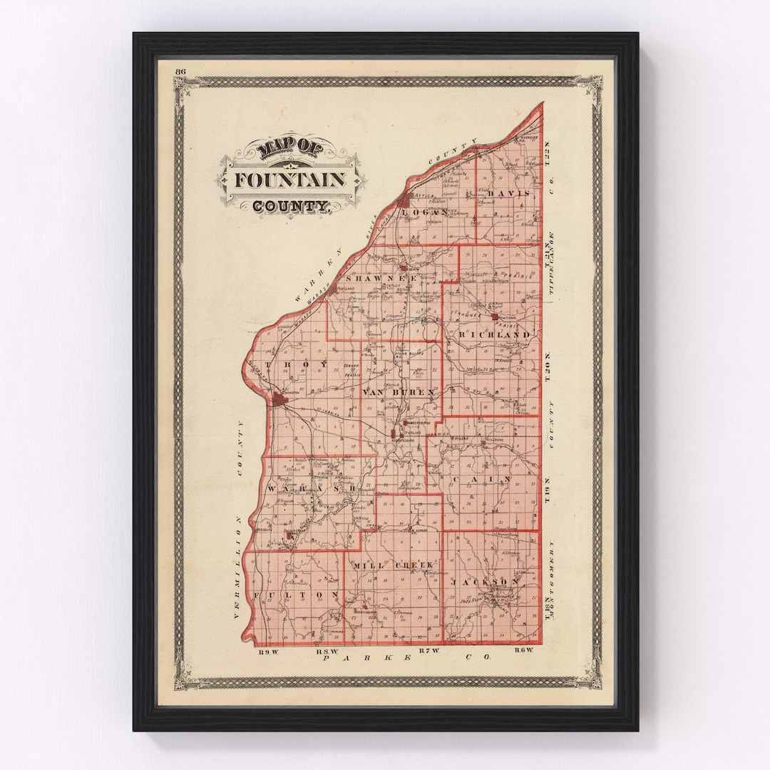 Fountain County Map 1876, Vintage Fountain County Map, Old Fountain ...