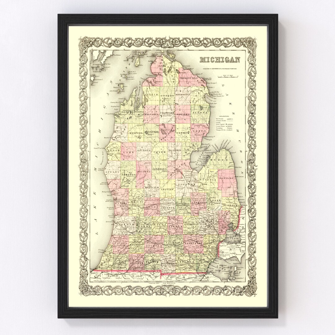 Michigan Map 1855 Old Map of Michigan Art Vintage Print Framed Wall Art ...