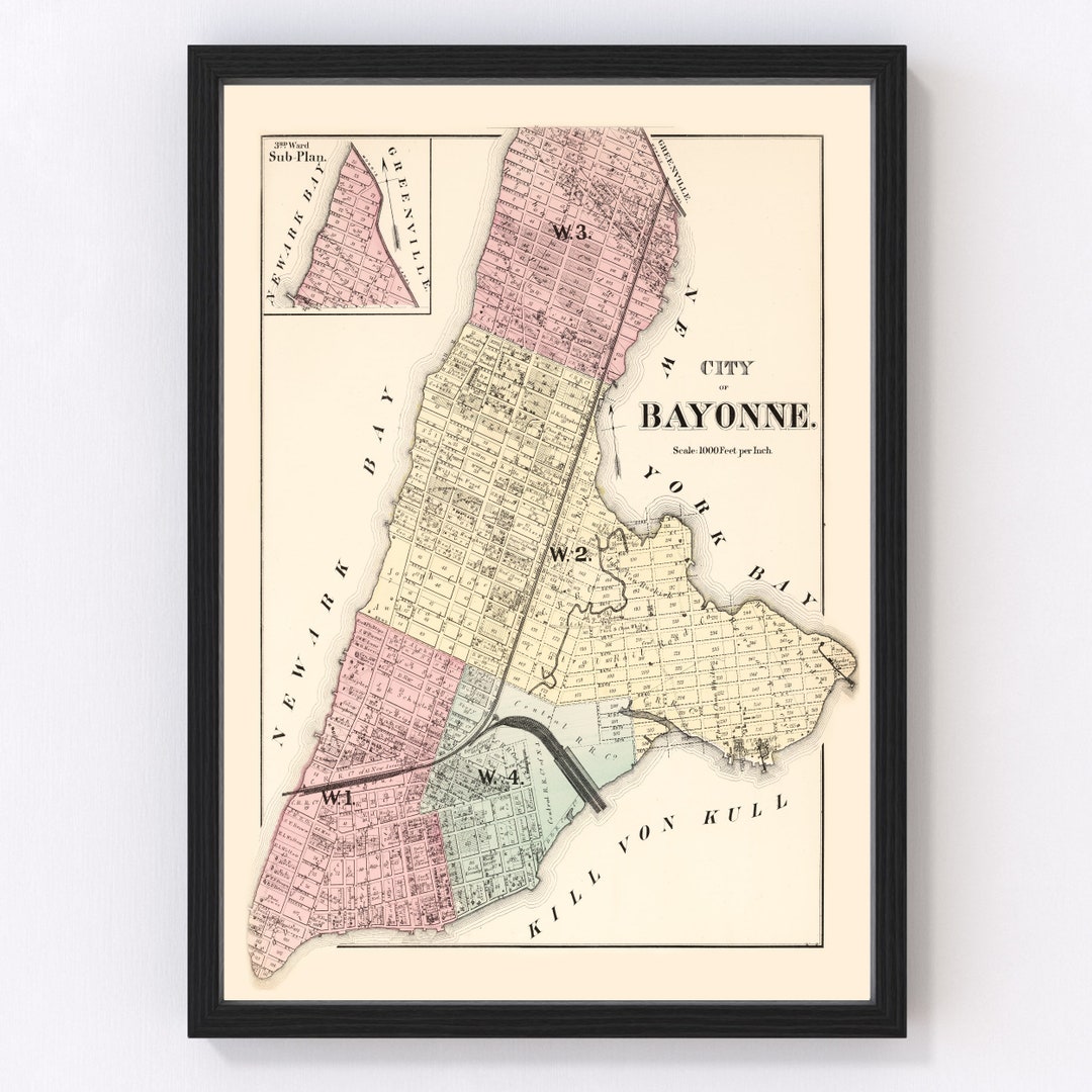 Bayonne Map 1873 - Old Map of Bayonne New Jersey Art Vintage Print ...