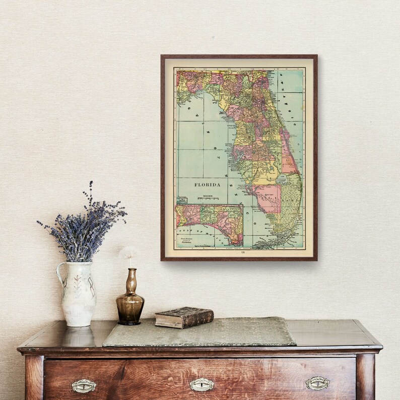 Florida Map 1909 - Old Map of Florida Art Vintage Print Framed Wall Art ...