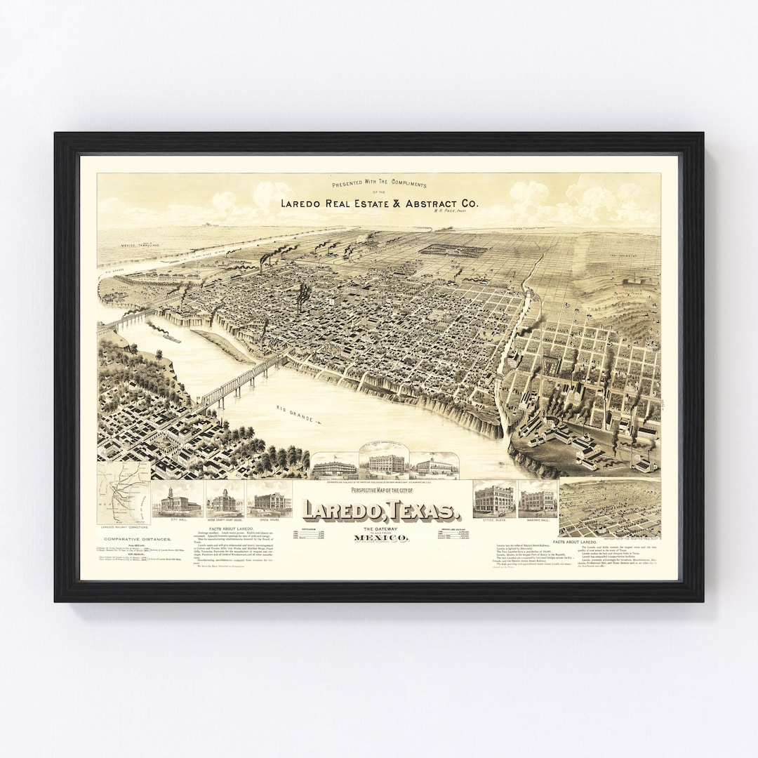 Laredo Map 1890 Old Map of Laredo Texas Art Vintage Print Framed Canvas ...