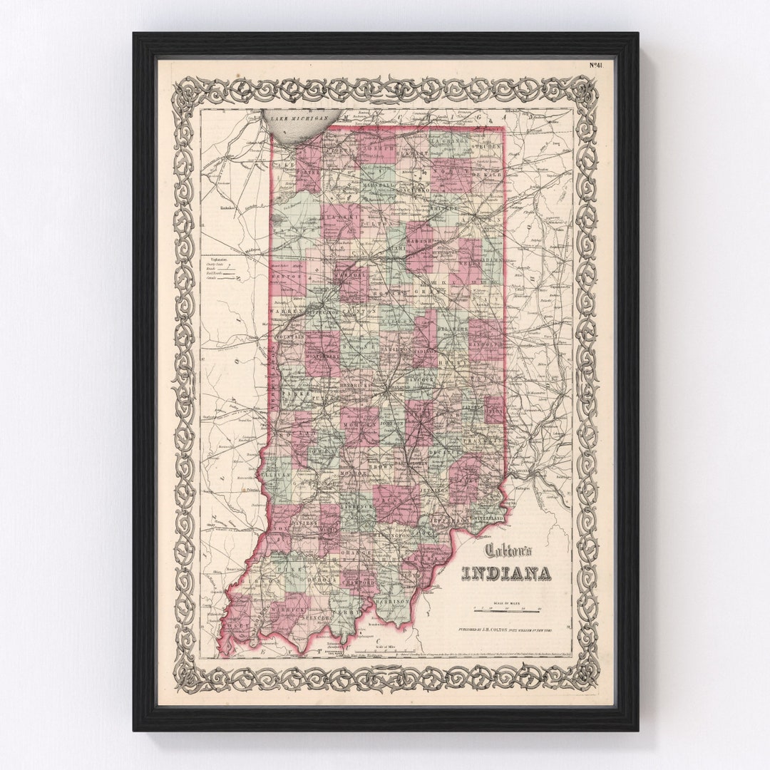 Indiana Map 1861, Vintage Indiana Map, Old Indiana Art, Wall Art Gift ...