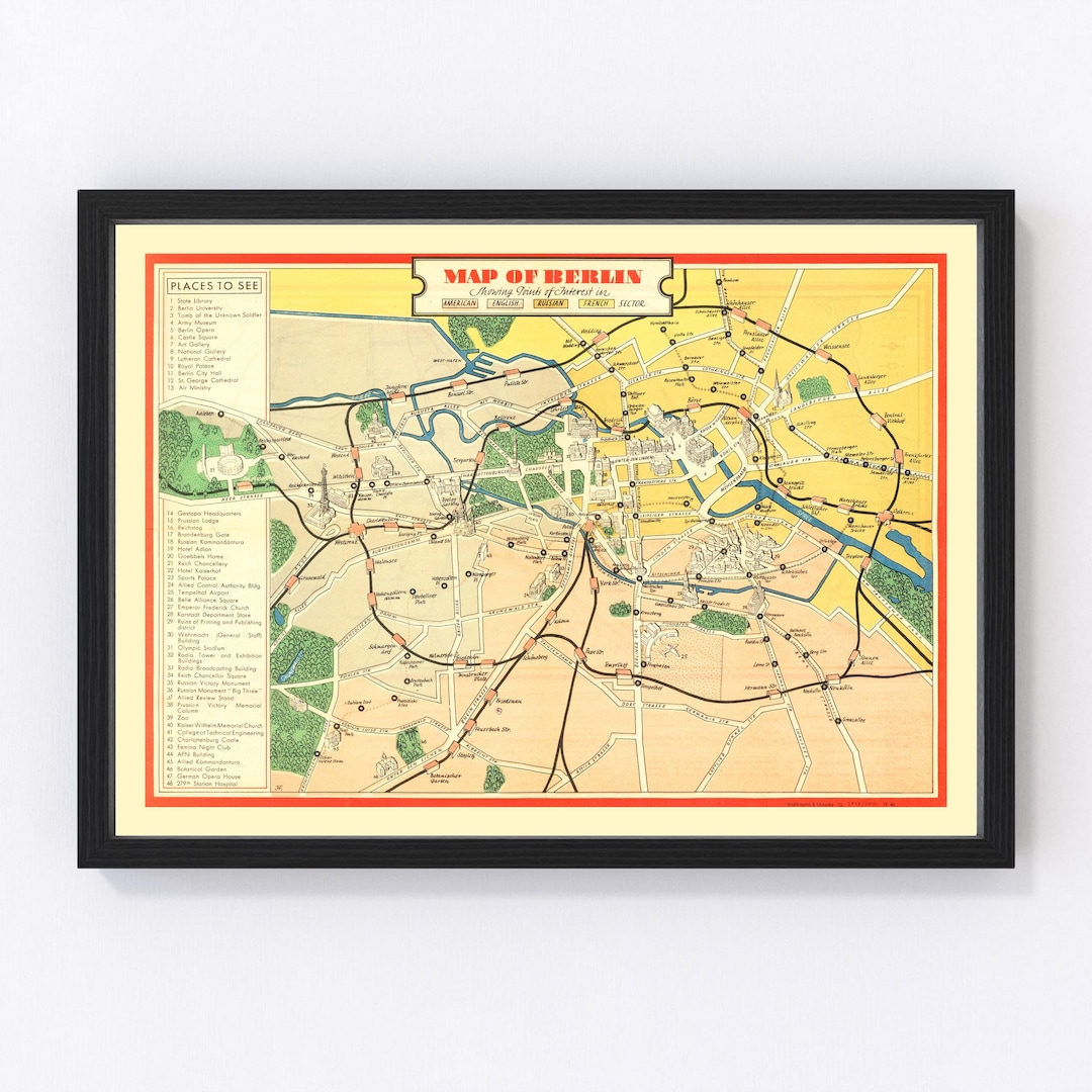 Berlin Map 1945 Old Map of Berlin Germany Art Vintage Print Framed Wall ...