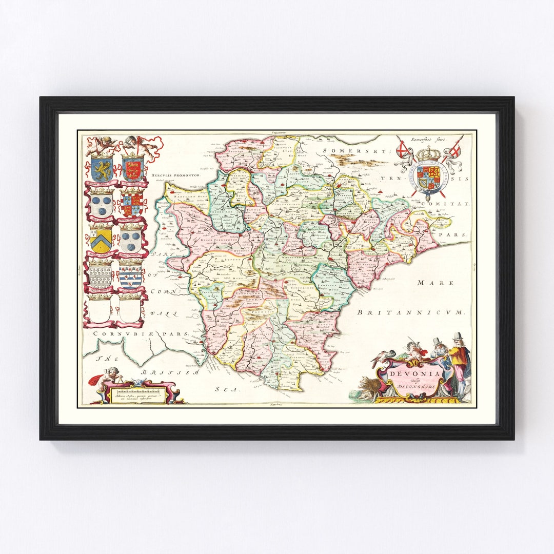 Devon Map 1665, Vintage Devon Map, Old Devon Art, Wall Art Gift for ...