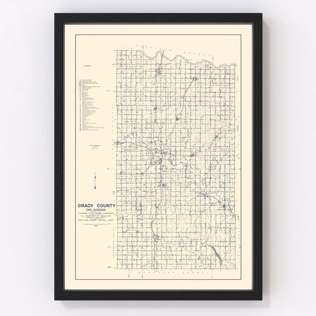 Grady County OK Map 1936 Old Map of Oklahoma Art Vintage Print Framed ...