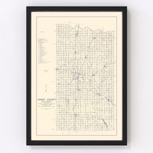 Grady County OK Map 1936 Old Map of Oklahoma Art Vintage Print Framed ...