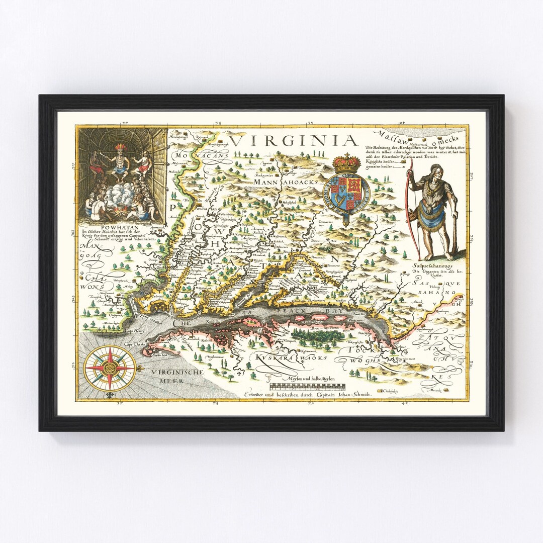 Virginia Map 1627, Vintage Virginia Map, Old Virginia Art, Wall Art ...