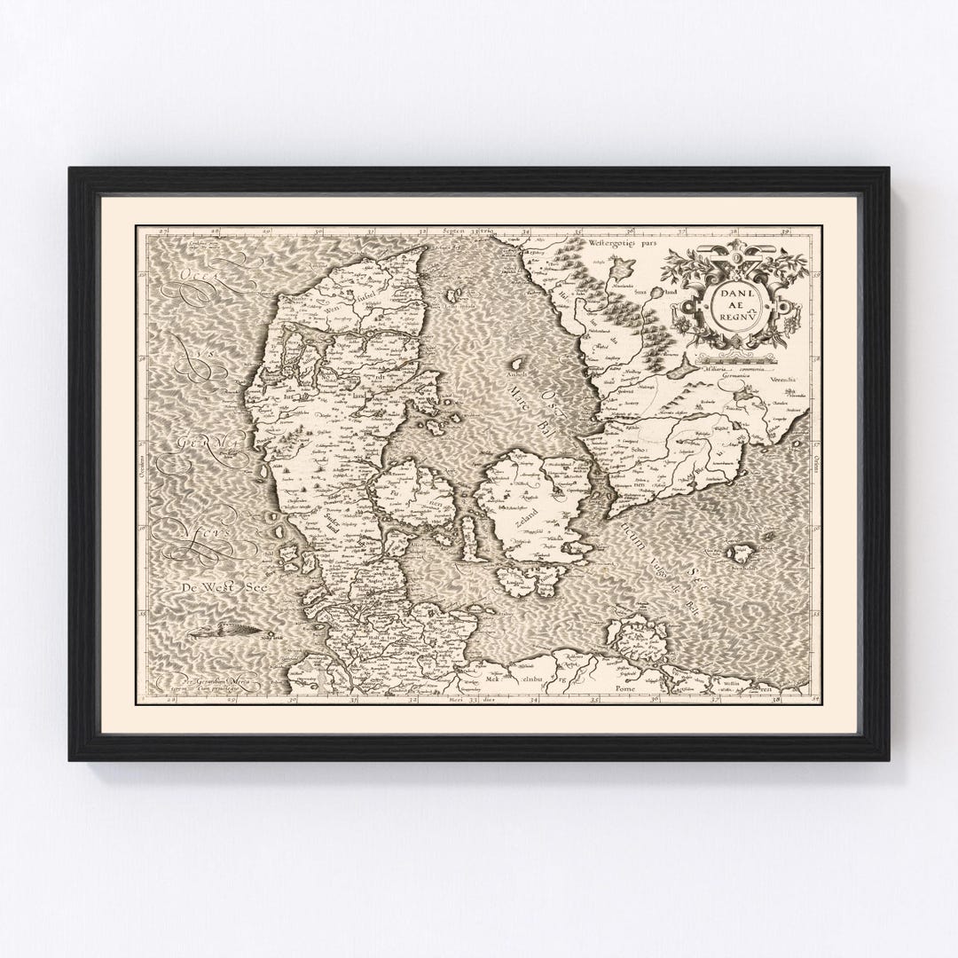 Denmark Map 1595, Vintage Denmark Map, Old Denmark Art, Wall Art Gift ...