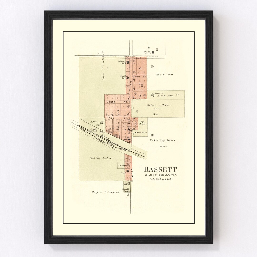 Bassett Map 1892 Old Map of Bassett Iowa Art Vintage Print Framed ...