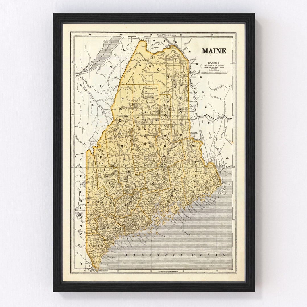 Maine Map 1842, Vintage Maine Map, Old Maine Art, Wall Art Gift for ...
