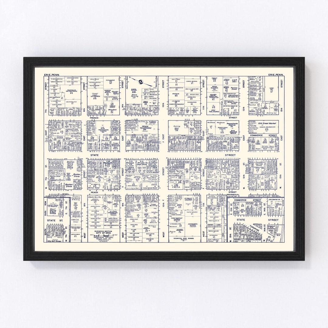 Erie Map 1950 - Old Map of Erie Business Section Pennsylvania Art ...