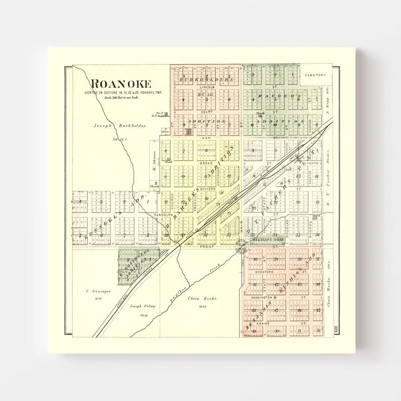 Roanoke Map 1893, Vintage Roanoke Map, Old Roanoke Illinois Art, Wall ...