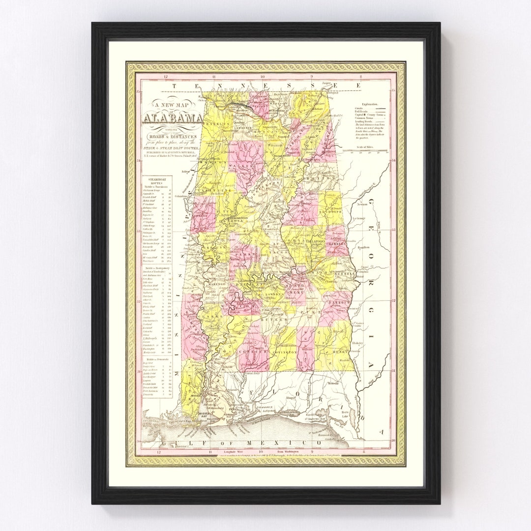 Alabama Map 1847, Vintage Alabama Map, Old Alabama Art, Wall Art Gift ...