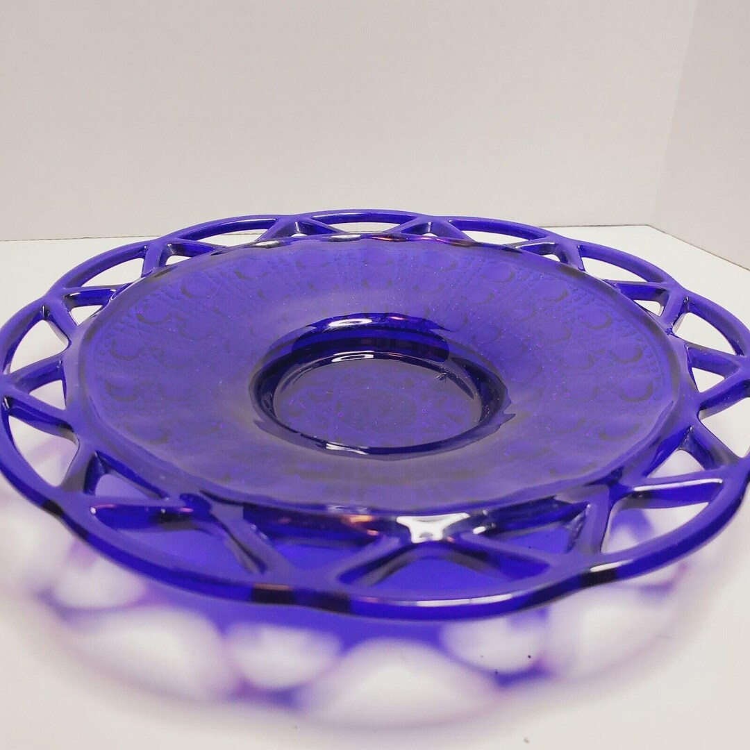 Vintage Stiegel Blue Cobalt Imperial Glass Cane and Button Open Lace ...