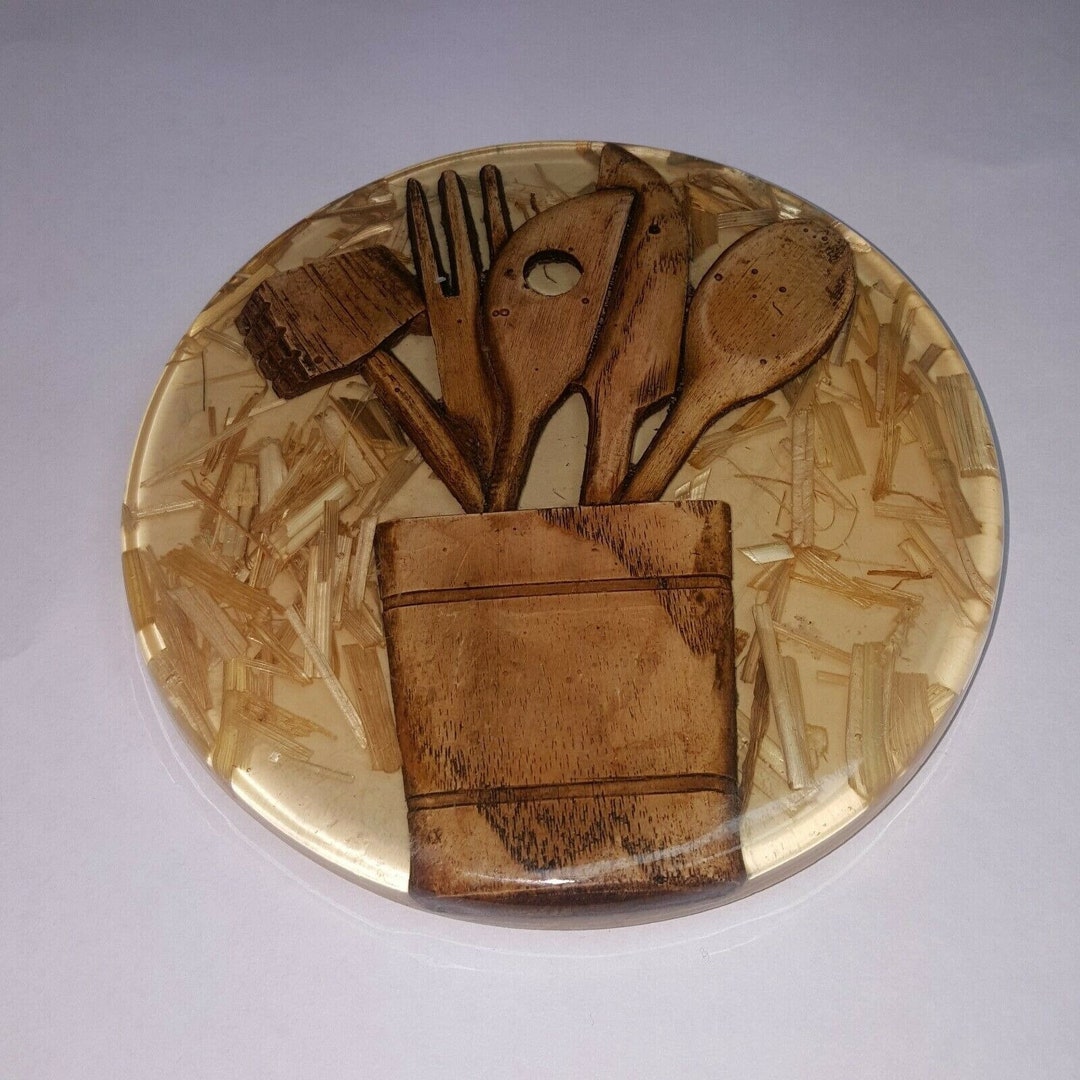 Vintage Retro Lucite Resin Wood Utensil Holder Trivet Made in USA Wood ...