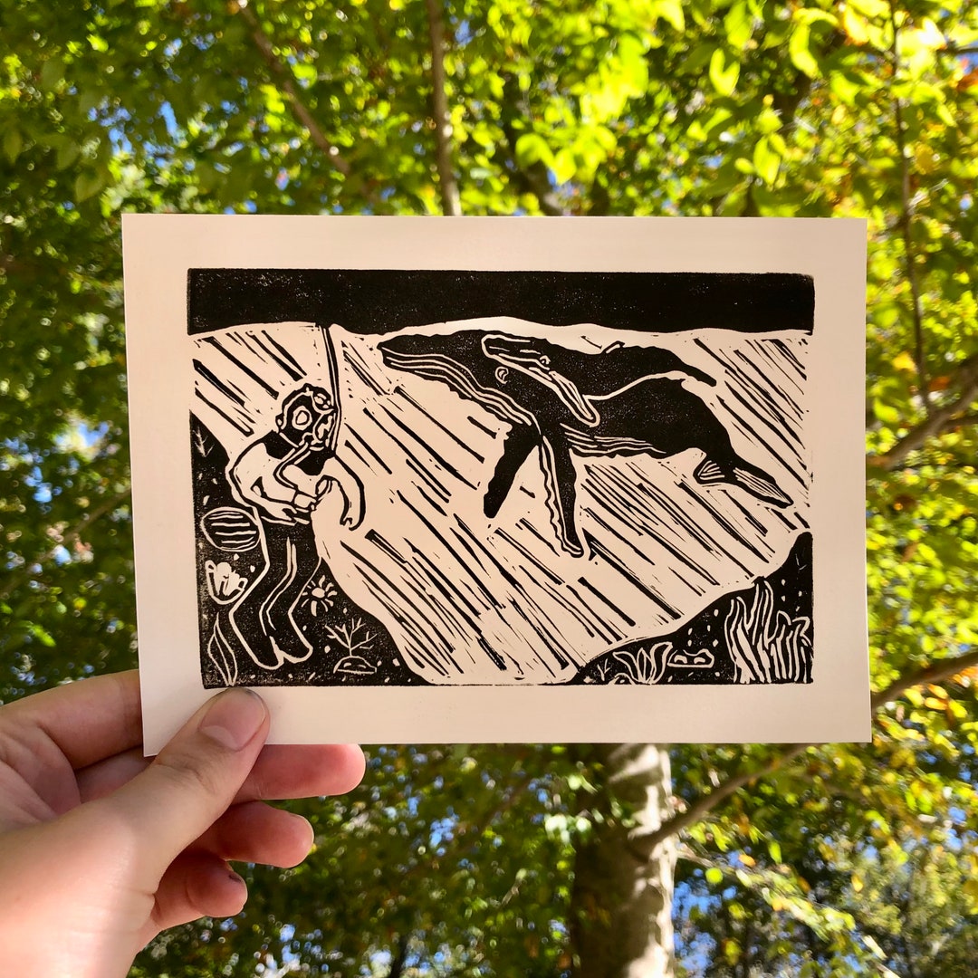 Humpback Whale & Diver Lino Print 7x5 Ink Print Block - Etsy