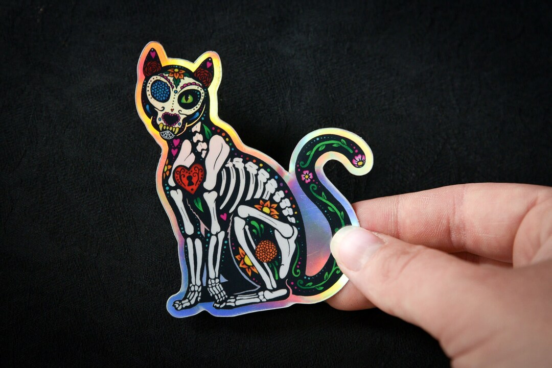 Holographic Day of the Dead Cat Sticker - Etsy