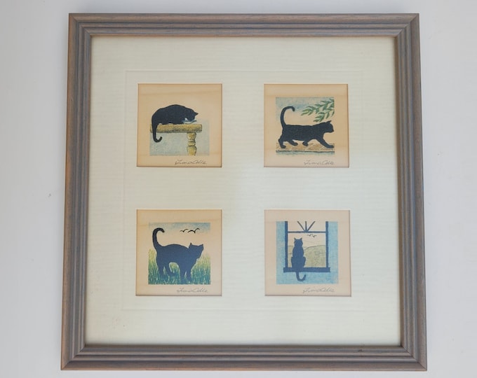 Fiona Odle Collection 4 Signed Miniature Watercolour Prints Black Cats ...