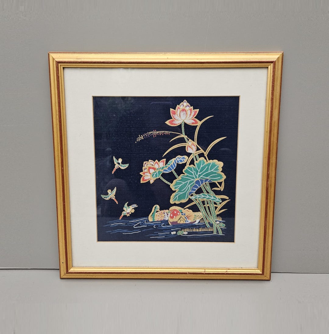 40cm X 39cm Screen Print Pair of Mandarin Ducks on Dark Blue Silk ...