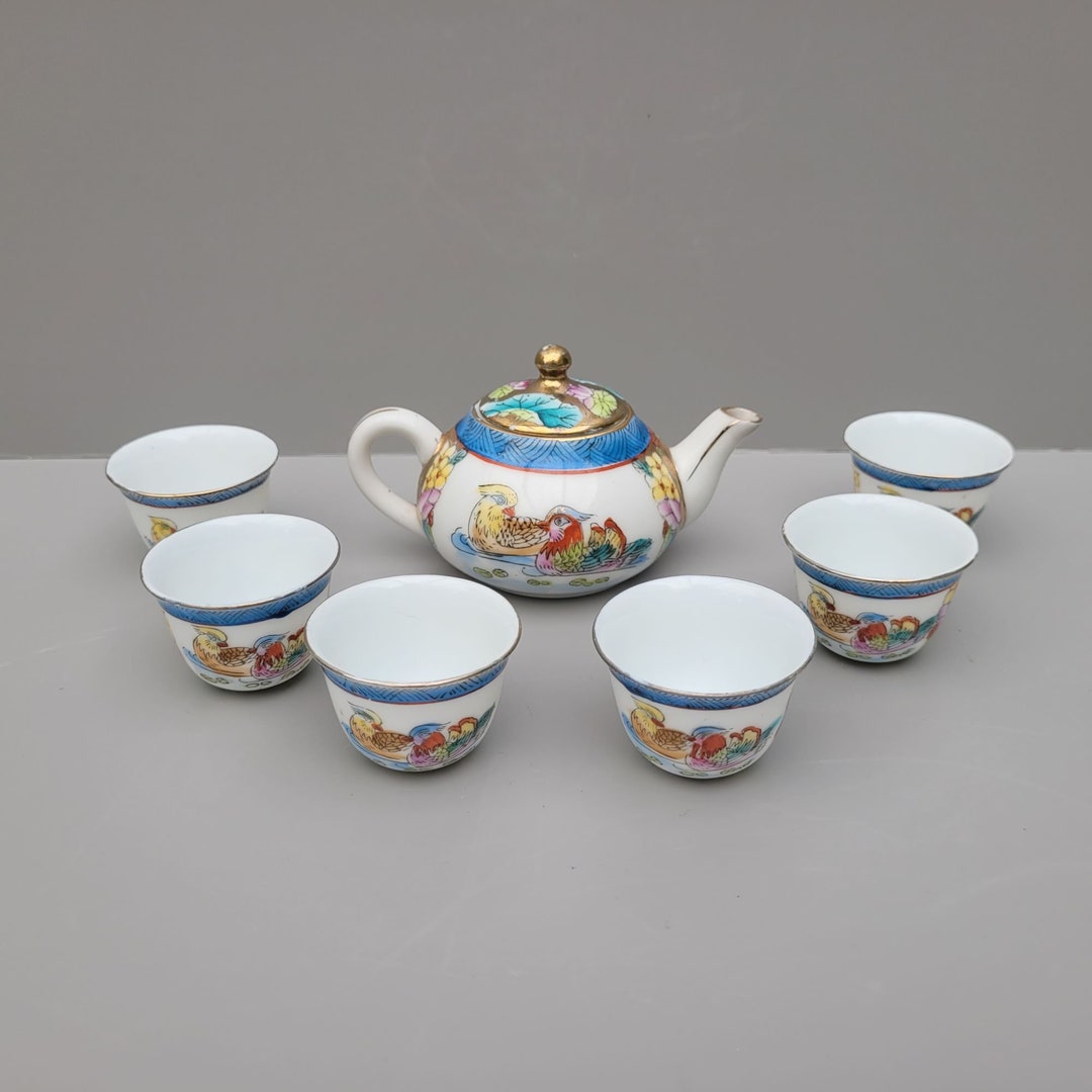 Teapot 6cm Tall MINIATURE Porcelain Chinese Tea Pot and 6 Cups Vintage ...