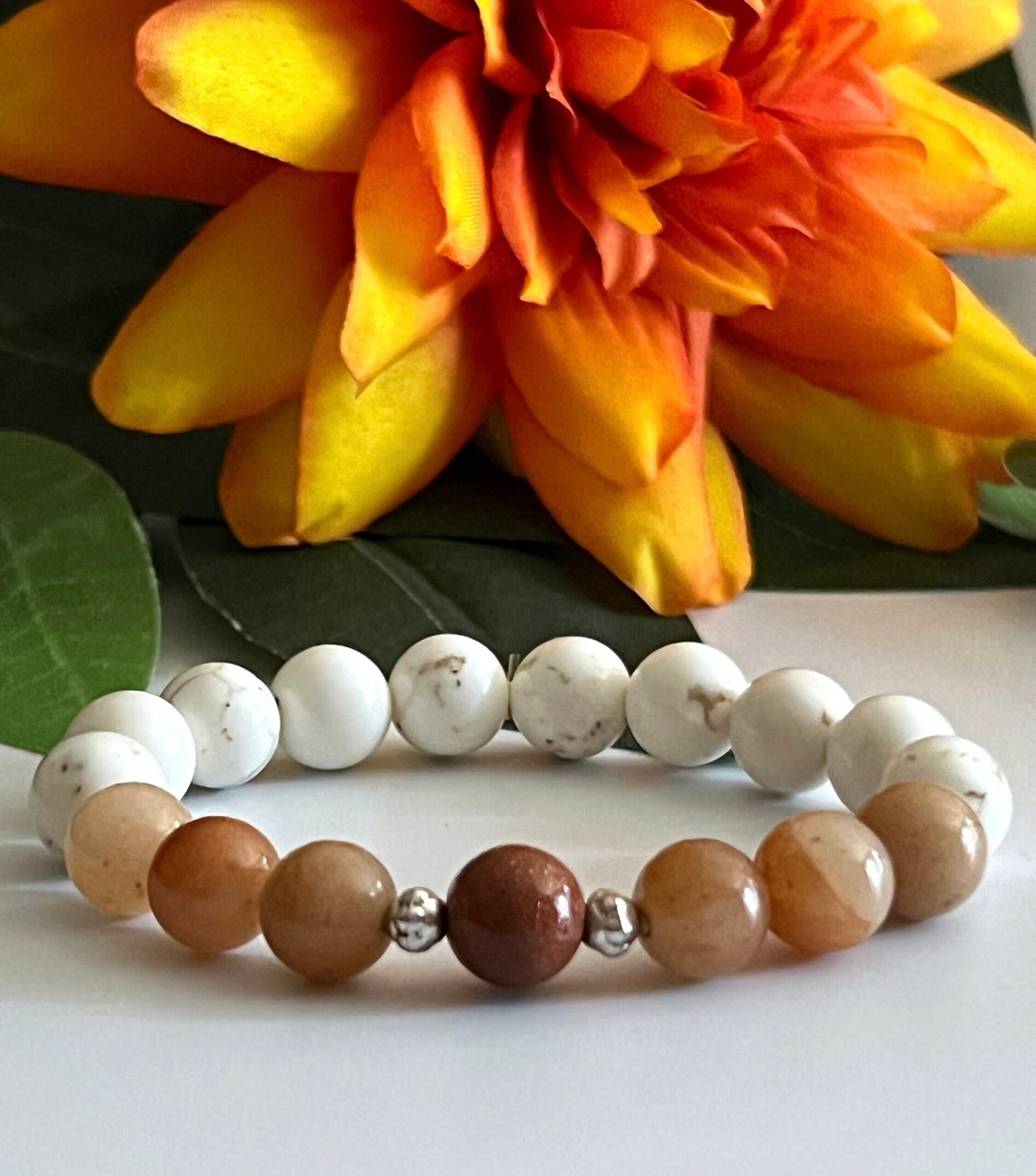 Creamy White Magnesite & Peach Quartz Elastic Beaded Bracelet - Etsy ...