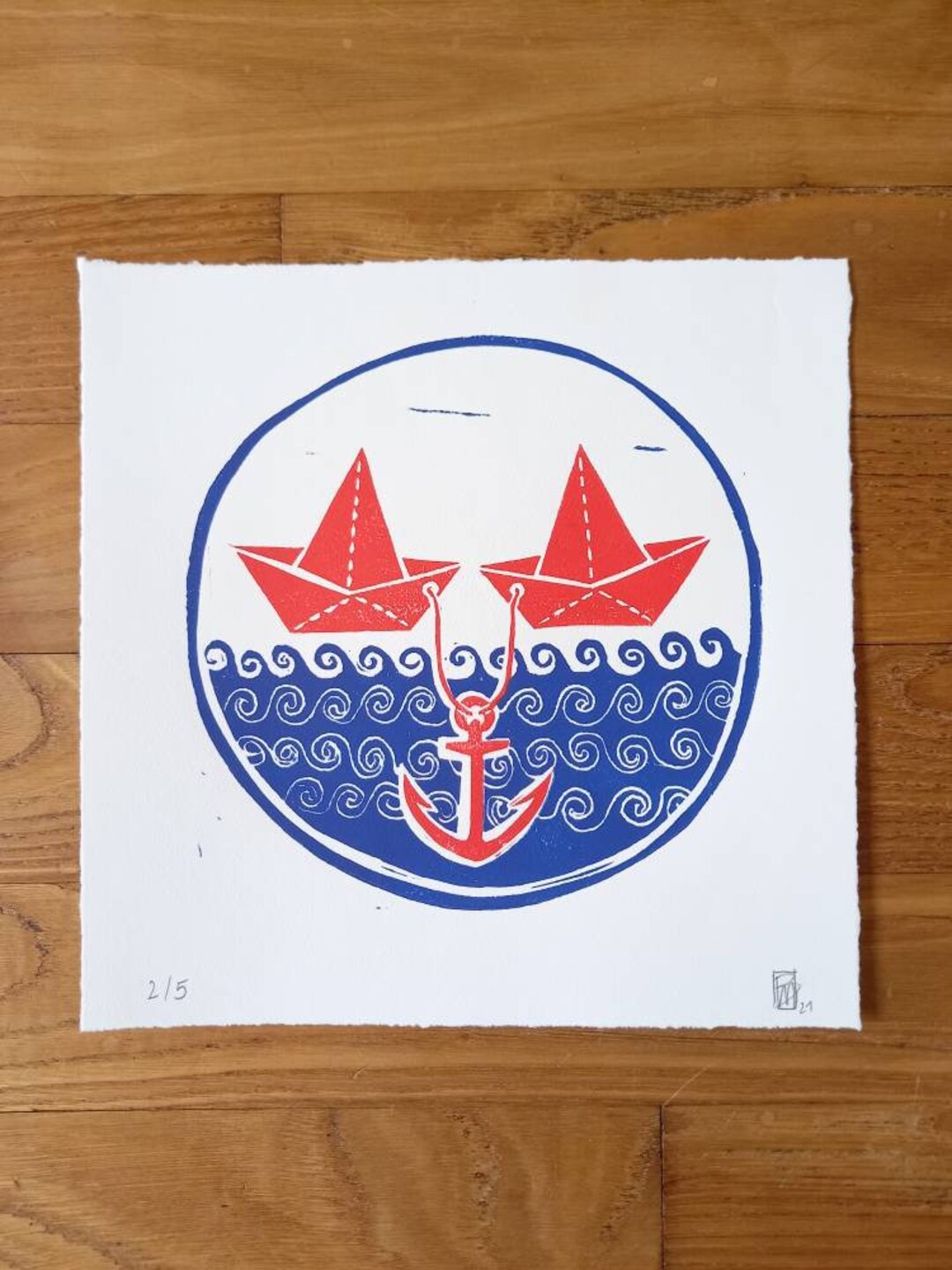 Anchor Linocut Print, Nautical Kids Room Decor, Handmade Art (20x20cm ...