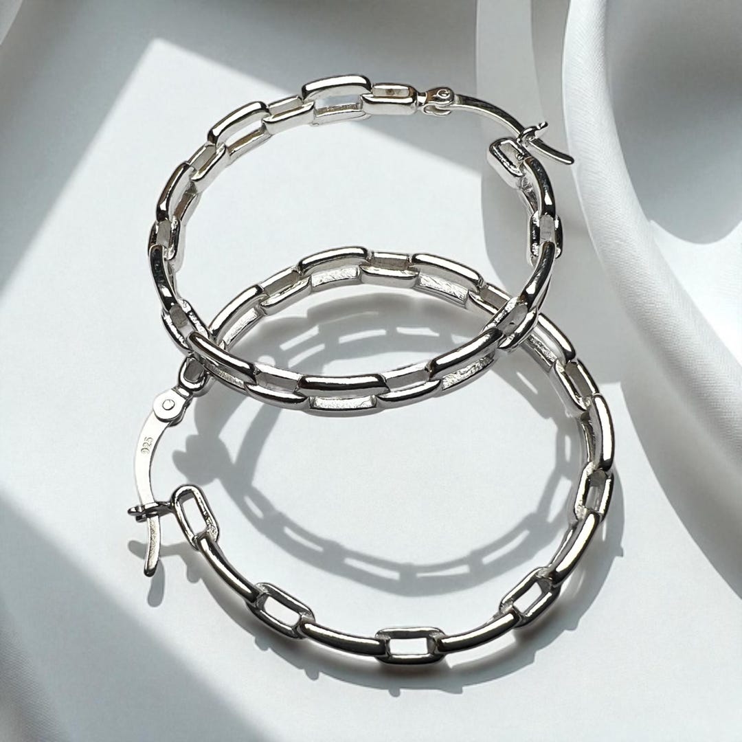 Sterling Silver Chain Link Hoops Earrings - Etsy