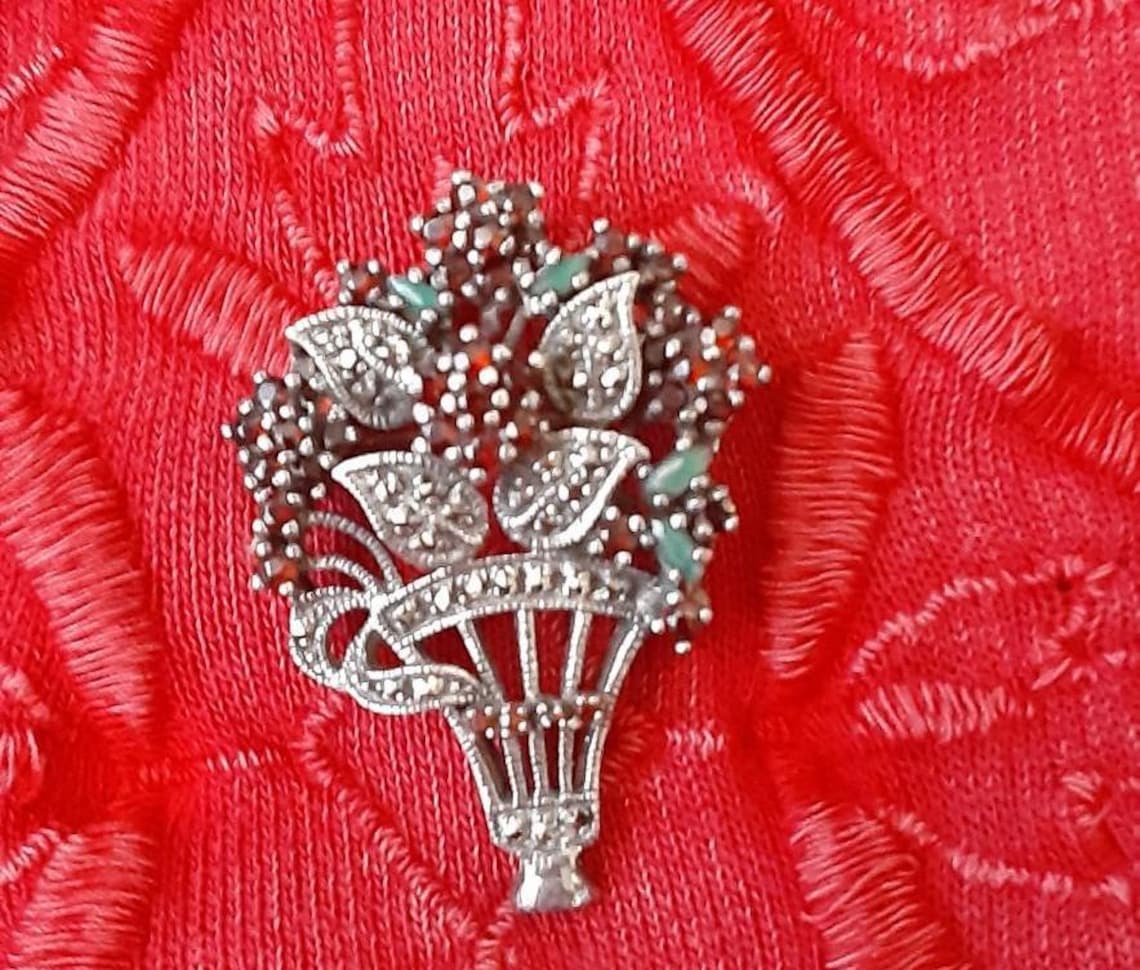 Victorian Sterling Silver Flower Basket Pin/necklace. Garnet, Marcasite ...